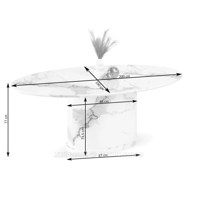 Dizajnový oválny jedálenský stôl 200x100 GERSON - biely mramor