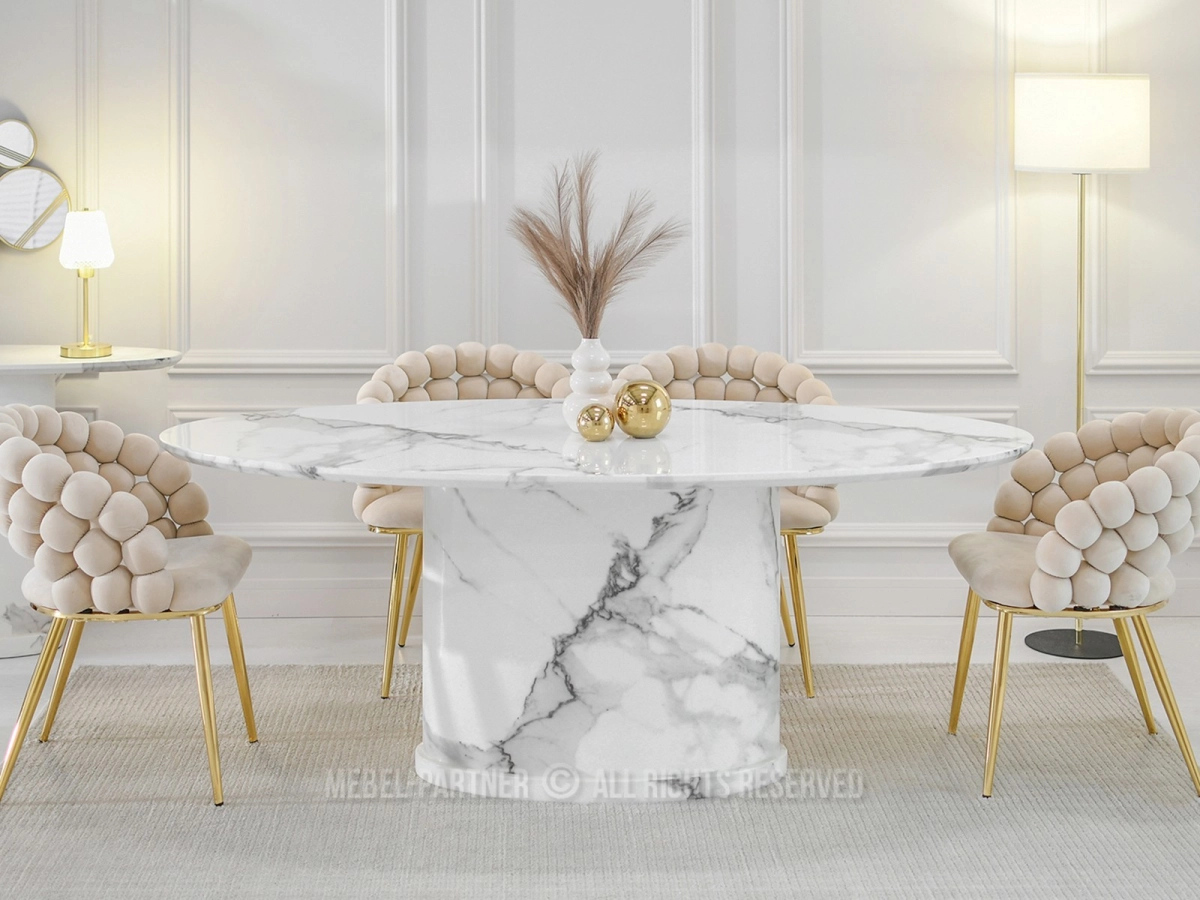 Dizajnový oválny jedálenský stôl 200x100 GERSON - biely mramor